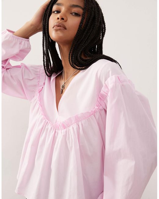 Reclaimed (vintage) Smock Top With V Neck And Ruffle Detail in Pink | Lyst