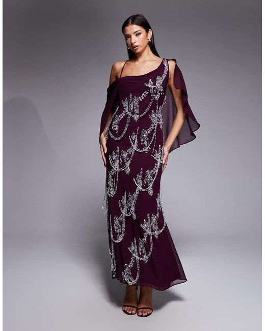ASOS Fringe Embellished Bias Cut Maxi Dress With Cape Sleeve in Purple ...