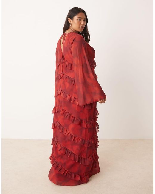 Pretty Lavish Curve Long Sleeve Ruffle Maxi Dress in Red | Lyst UK