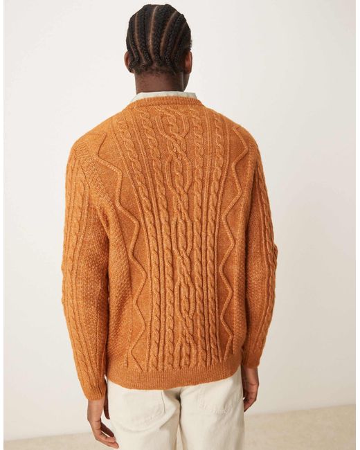 ASOS Heavyweight Cable Knit Crew Neck Sweater in Natural for Men | Lyst