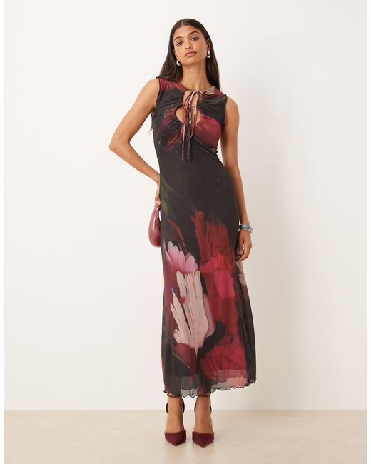 ASOS Printed Mesh Maxi Dress With Lettuce Hem And Key Hole | Lyst UK