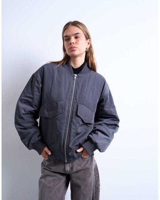 TOPSHOP Rib Bomber Jacket in Blue | Lyst UK