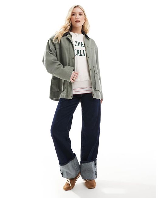 ASOS Oversized Washed Barn Jacket With Leather Look Collar in Grey ...