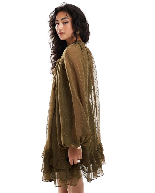 ASOS Dobby Chiffon Mini Dress With Ruffles & Blouson Sleeve | Lyst