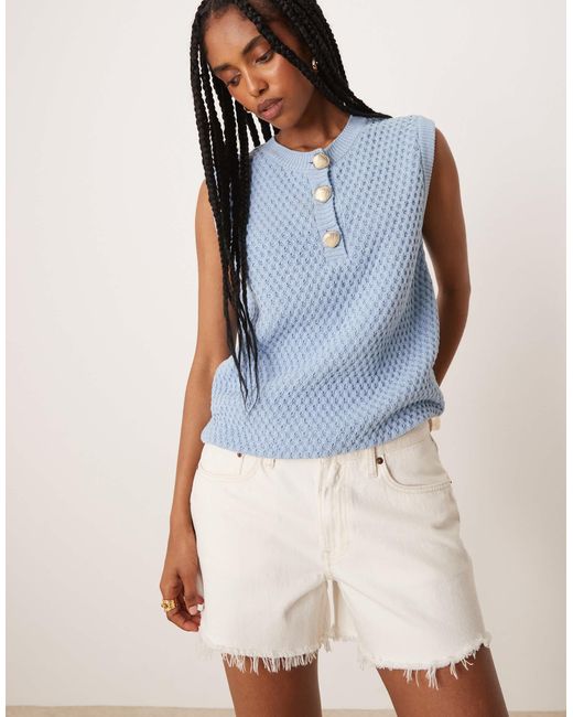 ASOS Mock Crochet Tank With Shell Buttons in Blue | Lyst