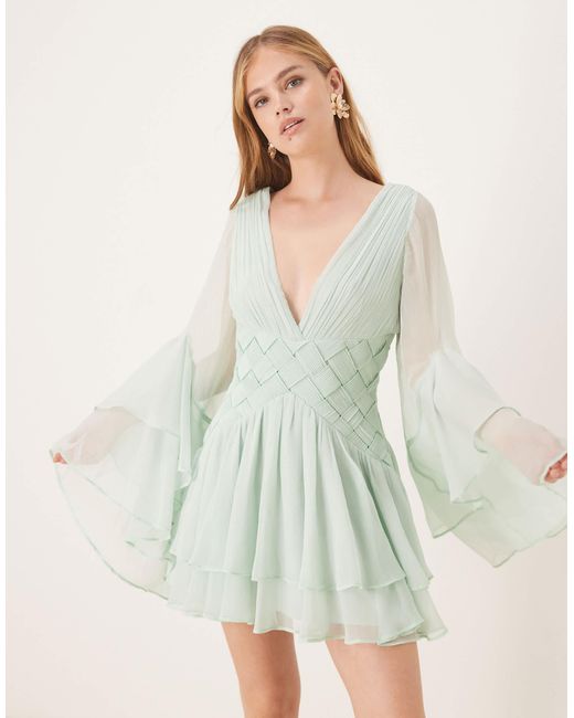 ASOS Ruffle Tiered Mini Dress With Weave Detail in Green | Lyst
