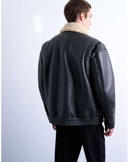 TOPMAN Faux Leather Bomber Jacket With Shearling Collar in Blue for Men ...