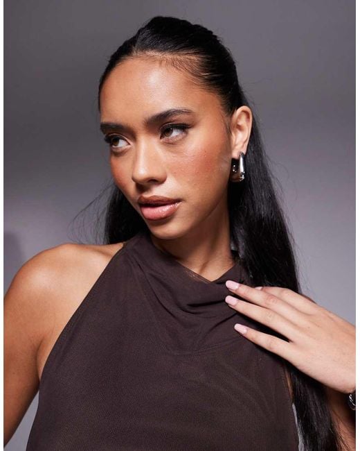 ASOS Mesh Layered Twist Detail Halter Top With Tie Back Neck in Brown ...