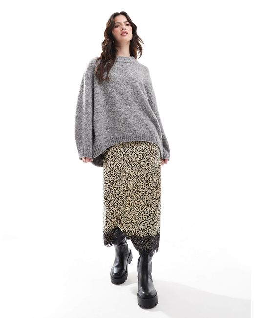 Wednesday's Girl Lace Trim Leopard Print Midi Skirt in Gray | Lyst