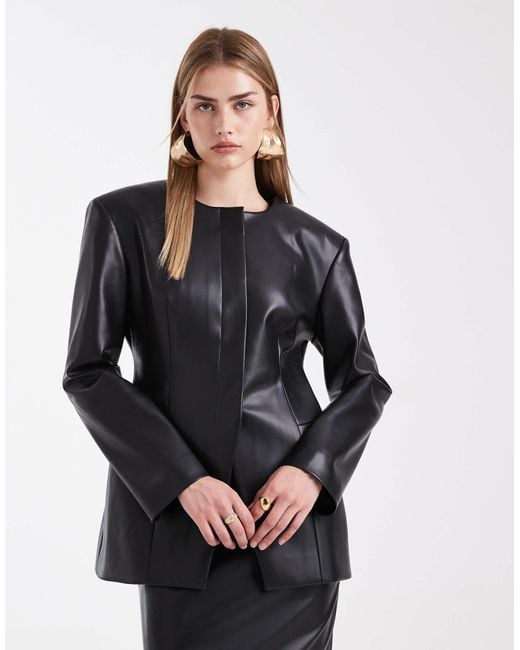 ASOS Faux Leather Cinch Collarless Blazer in Black | Lyst