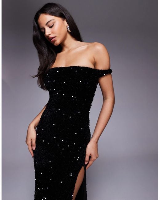 ASOS Velvet Sequin Twist Shoulder With Lace Up Back Maxi Dress in Black ...