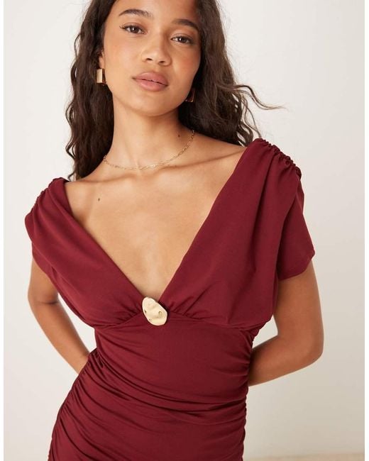 ASOS V Front Short Sleeve Midi Dress With Hardware Detail in Red | Lyst UK