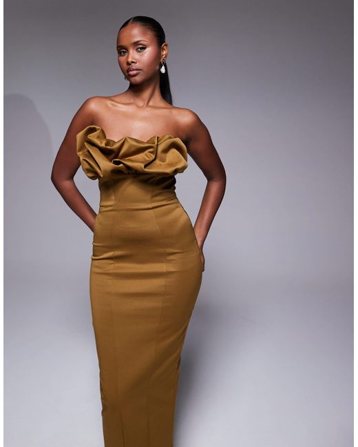 ASOS Bandeau Structured Midi Dress With Ruffle Bodice Detail in Green ...