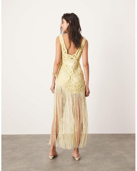 ASOS Embroidered Satin Cornelli Maxi Dress With Fringe Detail in Natural | Lyst