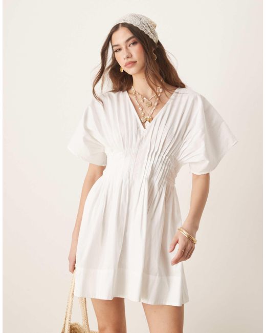 ASOS V Neck Short Sleeve Mini Dress With Narrow Pintucks in Natural | Lyst