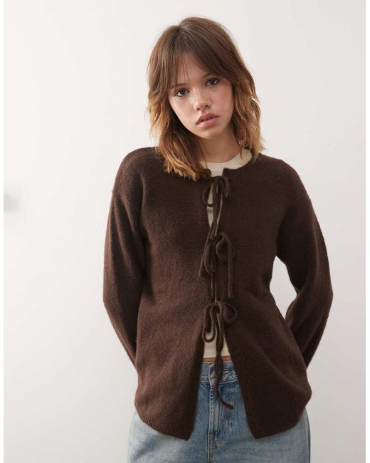 Monki Knit Bow Tie Up Cardigan in Brown | Lyst UK