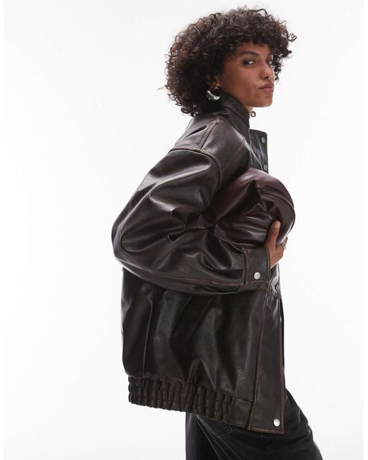 TOPSHOP Faux Leather Super Oversized Bomber Jacket With Borg Lining | Lyst