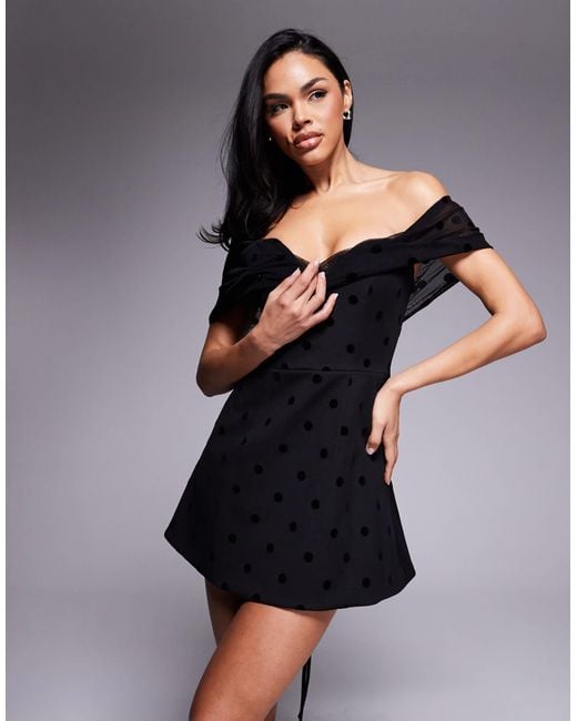 Murci Exclusive Polka Dot Mesh Bardot Plunge Neck Mini Dress in Black | Lyst