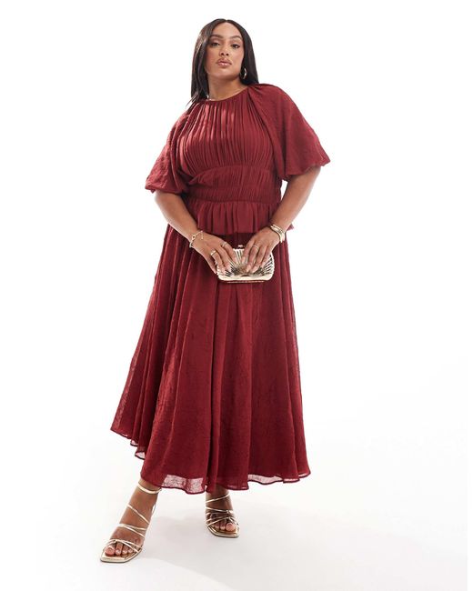 ASOS Asos Design Curve Puff Sleeve Midi Dress With Gauged Waist in Red ...