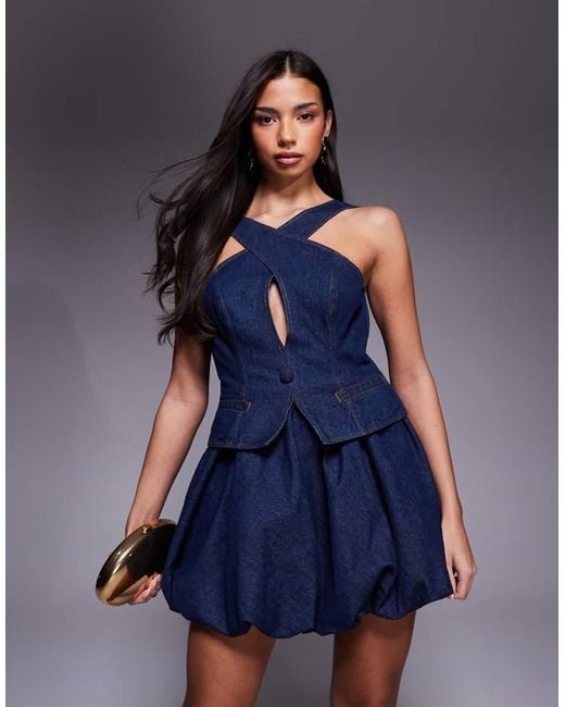 ASOS Denim Cross Front Mini Dress With Puffball Skirt in Blue | Lyst UK