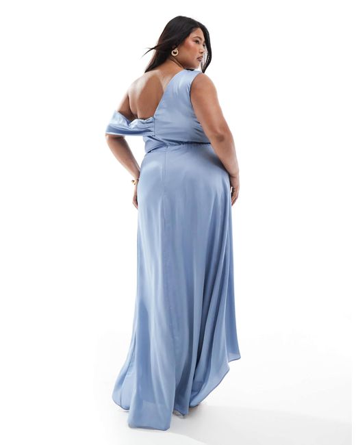 Tfnc Plus Bridesmaid Satin Fallen Shoulder Maxi Dress With Wrap Skirt in Blue | Lyst