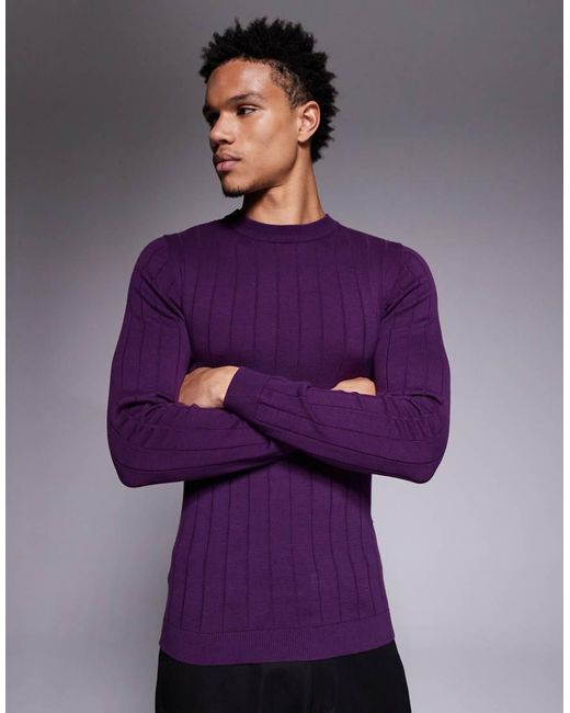 ASOS Muscle Fit Long Sleeve Knitted Rib T-shirt in Purple for Men | Lyst UK