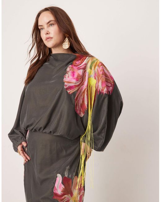 ASOS Curve Velvet Embroidered Maxi Dress With Fringe Detail in Brown | Lyst