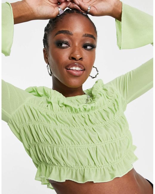 The Frolic Exclusive Shirred Fluted Sleeve Crop Blouse in Green | Lyst