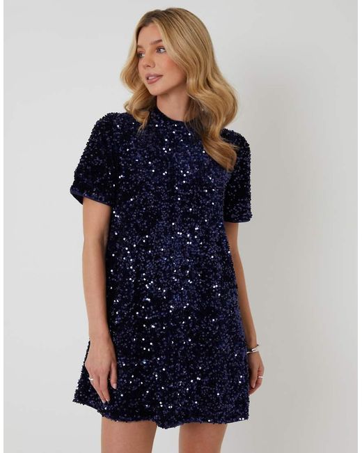 Threadbare High Neck Sequin Velour Mini Dress in Blue | Lyst UK