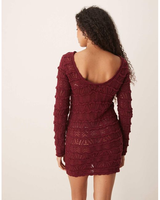 ASOS Open Stitch Knitted Mini Dress With Long Sleeves in Red | Lyst