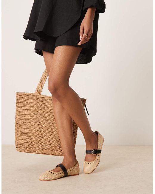 Asos Design Wide Fit Larson Eyelet Mary Jane Ballets in Natural | Lyst