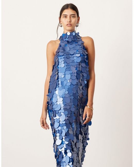 ASOS Embellished Matte Disc Sequin Column Midi Dress in Blue | Lyst
