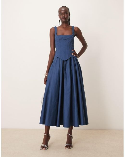 ASOS Structured Corset Full Skirt Midi Dress in Blue | Lyst