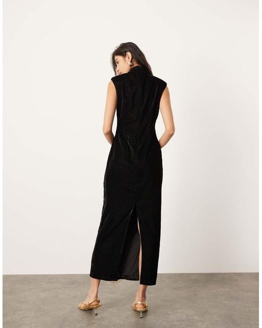 ASOS Velvet Embellished Contour Draped Fringe High Neck Midi Dress in Black | Lyst UK
