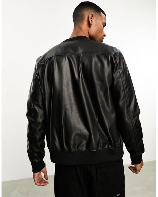 Bershka Faux Leather Bomber Jacket in Black for Men | Lyst