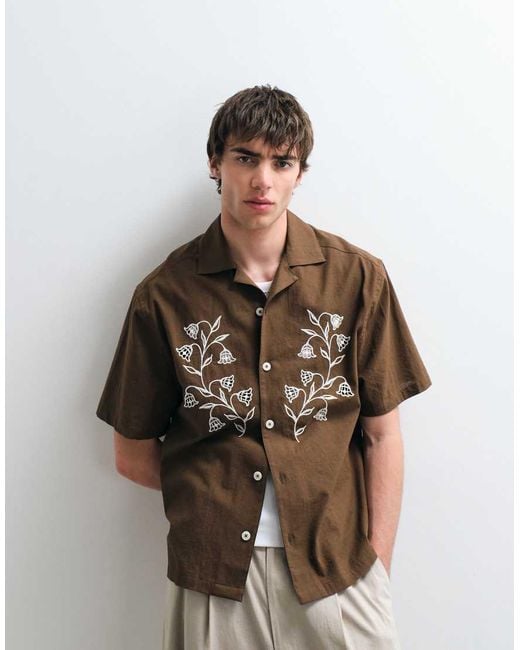 ASOS COLLECTIVE Relaxed Fit Cotton-linen Blend Embroidered Shirt in ...