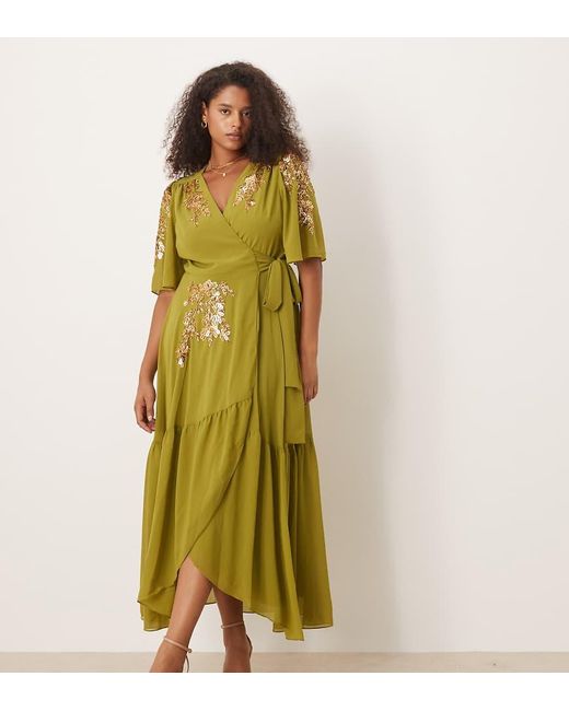 Hope & Ivy Plus Embellished Wrap Front Maxi Dress in Green | Lyst UK