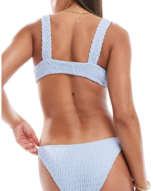 ASOS Alice Shirred Tie Front Triangle Bikini Top in Blue | Lyst UK