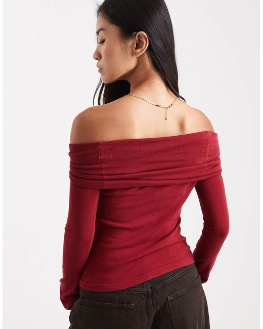 4th & Reckless Knitted Bardot Gold Hardware Detail Jumper in Red | Lyst UK