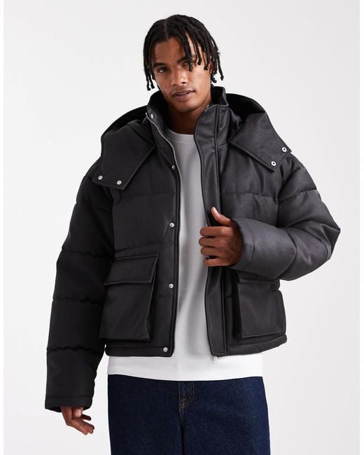 ASOS Oversized Faux Leather Puffer Jacket in Black for Men | Lyst
