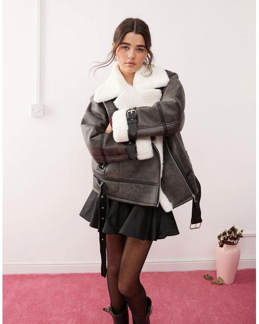 Miss Selfridge Distressed Faux Leather Contrast Aviator Jacket in Pink ...