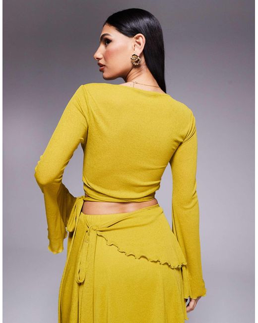 ASOS Angel Sleeve Mesh Wrap Front Top in Yellow | Lyst