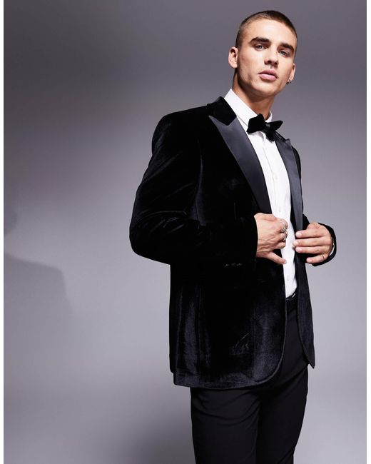 ASOS Slim Velvet Tuxedo Blazer in Blue for Men | Lyst