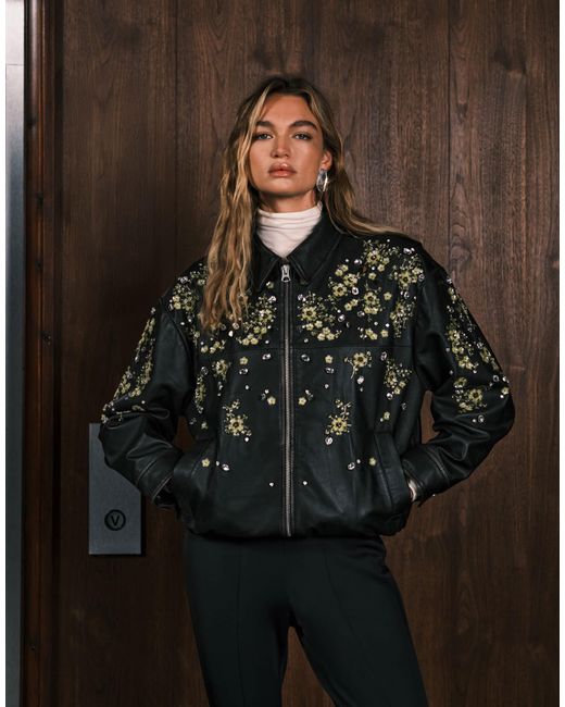 ASOS Real Leather Embellished Bomber Jacket in Brown | Lyst
