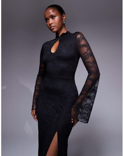 Kaiia Exclusive Lace Keyhole Detail Long Sleeve Side Split Maxi Dress ...