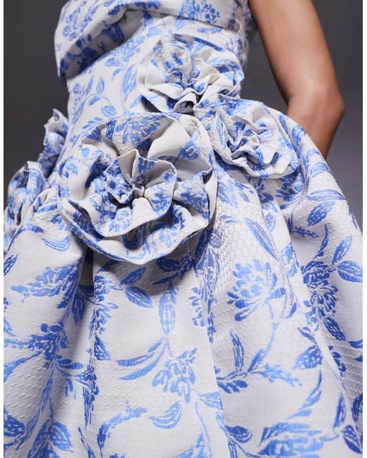 ASOS Jacquard Pleated Bust Mini Skater Dress With Corsages in Blue | Lyst