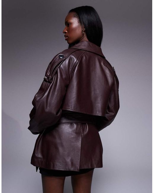 ASOS Real Leather Strong Shoulder Trench Coat in Brown | Lyst UK