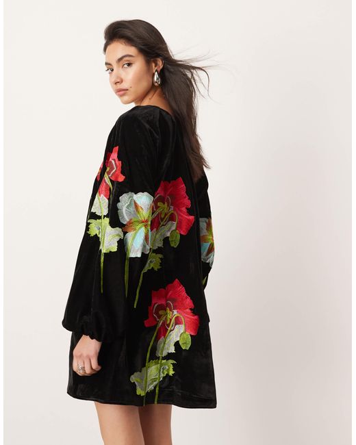 ASOS Velvet Embroidered Floral Plunge Neck Full Mini Dress in Black | Lyst