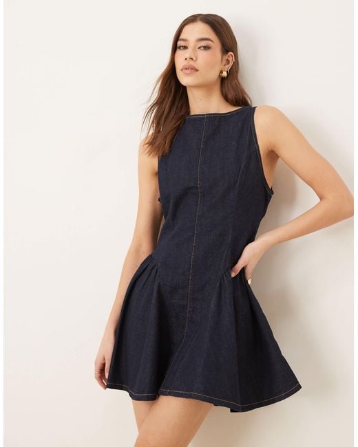 ASOS Denim Mini Dress With Gathered Hip Panels in Blue | Lyst