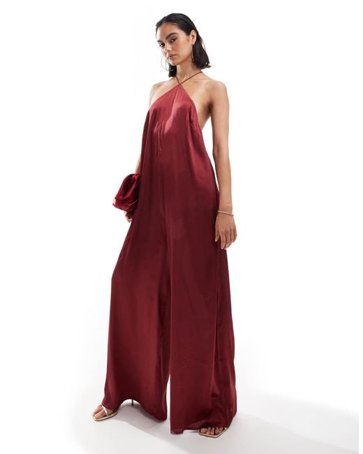 ASOS Halter Neck Satin Jumpsuit in Red | Lyst